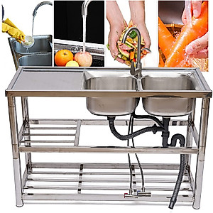 Commercial Restaurant Sink,Stainless Steel Utility Sink Free-standing Kitchen Sink,Double Bowl Kitchen Sinks with Strainer,304 Stainless Steel Freestanding Kitchen Sink