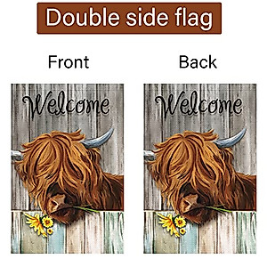Spring Highland Cow Garden Flag 12x18 Double Sided Burlap, Rustic Farmhouse Scottish Highland Cow with Sunflower Garden Yard Flags Sign Small for Outdoor Outside Decoration (Only Flag)