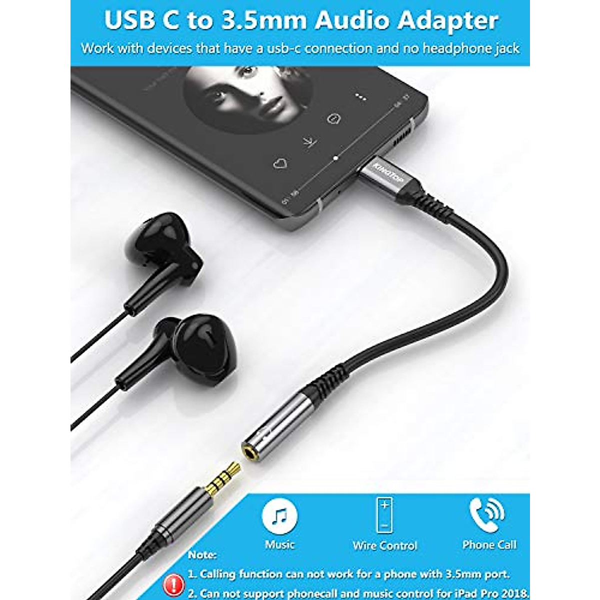 KINGTOP USB C to 3.5mm Audio Adapter, 384khz-32bit USB Type C to 3.5mm Female Stereo Headphone Jack Adapter Compatible with Samsung S20 FE S21 Note 20 Ultra, OnePlus 9, Pixel 5 XL, iPad Pro and More
