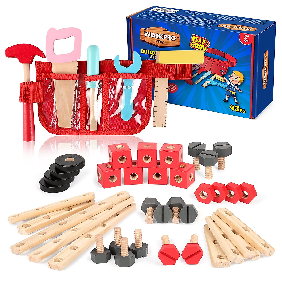 WORKPRO Wooden Building Toy Tools Set, 43 Pcs Building Toy Set Creative&Educational Construction Toy, Great Gift for Toddlers 3+