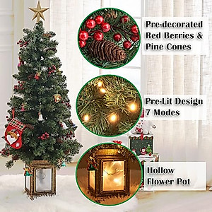 Premium 4ft Pre Lit Artificial Pencil Christmas Tree with Brown Hollow Base, Mini Pre-lit Xmas Pine Tree with 7 Modes LED Lights for Christmas Decoration, Home, Office, Party Decoration (1)