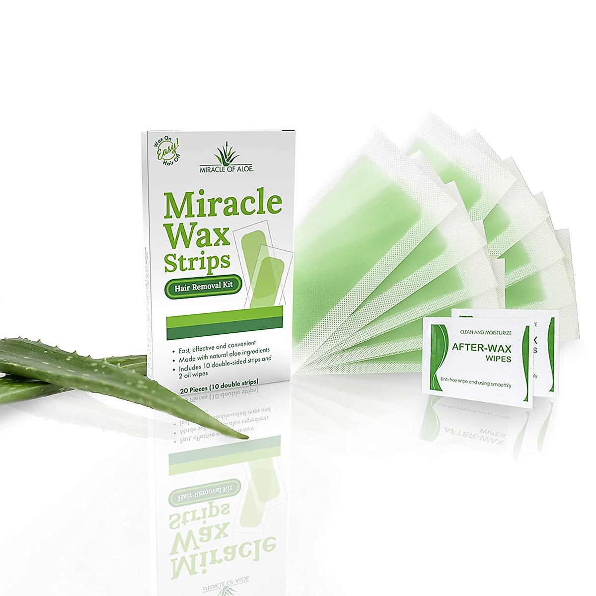 Miracle Wax Strips - Quick & Easy Hair Removal for Legs, Arms, Face & More - At Home Waxing Kit with 20 Wax Strips + 2 After Wax Wipes