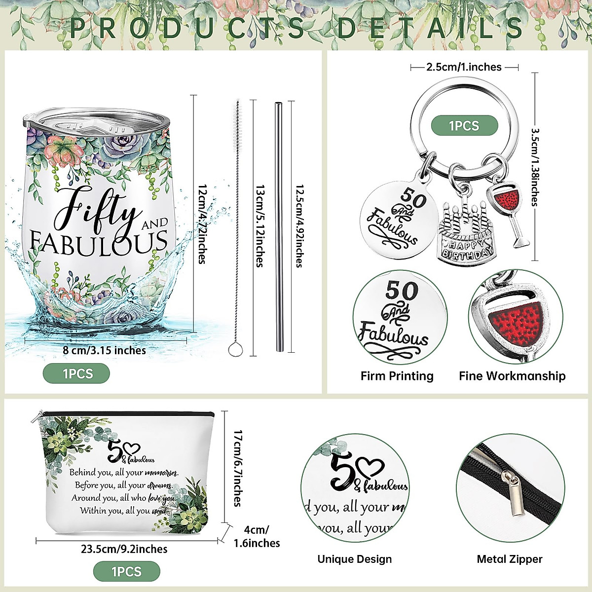 Irenare 50th Birthday Gifts for Women Fifty Fabulous Gifts for Her Happy 50th Birthday Gifts for Grandma Mom Sister Wife Aunt Friends Wine Glass Cosmetic Bag for Woman Birthday Gift(Fresh Style)