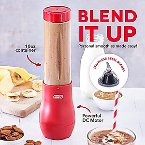 Dash Mighty Mini 10 oz Compact Personal Bottle Blender with Travel Lid, Red