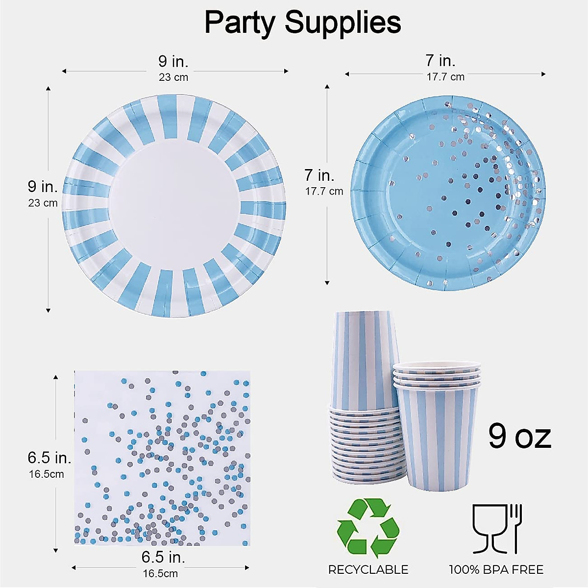 Blue Striped Birthday Party Supplies, Baby Shower Dinnerware Set, Paper Plates, Napkins, Cups and Wooden Cutlery (Serves 24, 192 Pieces), MP03