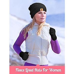 Suhine 4 Pcs Winter Hat and Gloves for Women Slouchy Beanie Hats Knitted Touchscreen Gloves Warm Winter Sets for Women Girls (Black, Caramel)