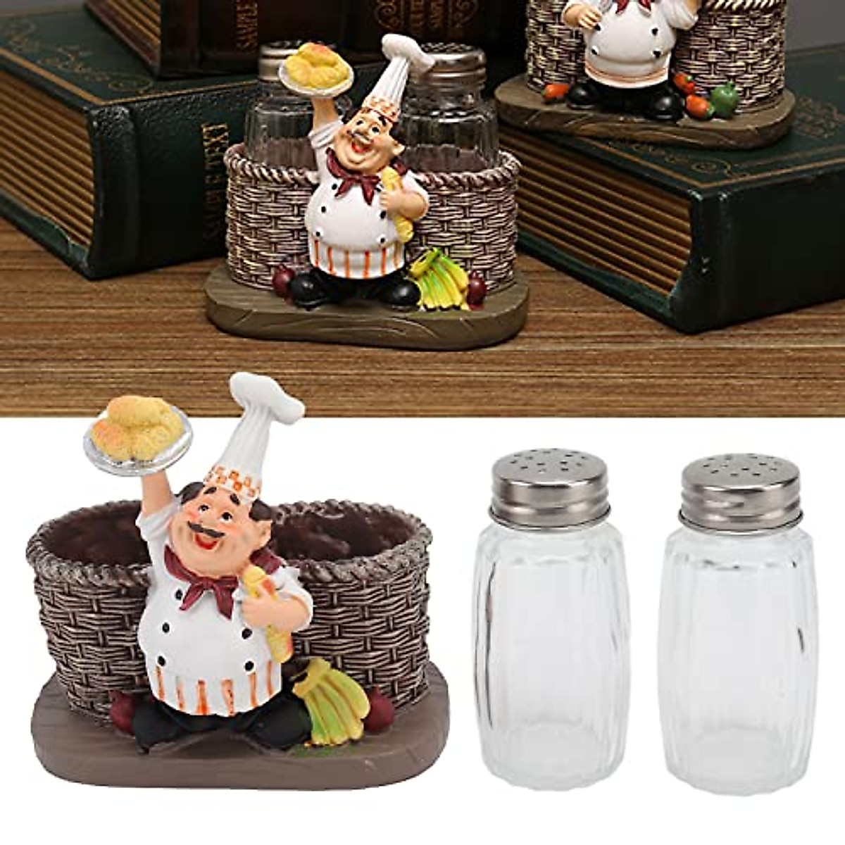 BORDSTRACT Chef Stature Holder, Salt and Pepper Shaker Sets, Chef Statue Bottle Holder Decoration, Spice Storage Box for Kitchen