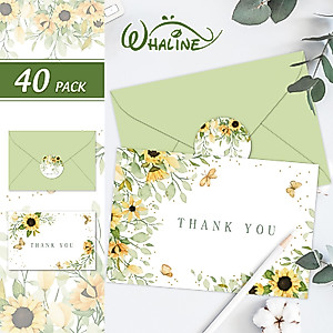 Whaline 40 Pack Sunflower Thank You Cards with Envelopes Stickers Watercolor Floral Greeting Cards Spring Summer Flower Blank Note Cards for Wedding Baby Shower Bridal Birthday Party, 4 x 6 Inch