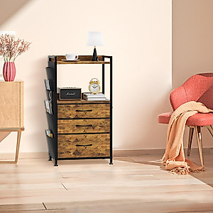 LASZOLA Nightstand with 3 Fabric Drawers and Side Pockets, Vertical Bedside Table with Wood Shelf, End Table Bed Side Dresser Furniture for Bedroom Living Room Entryway College Dorm, Rustic Brown, 1