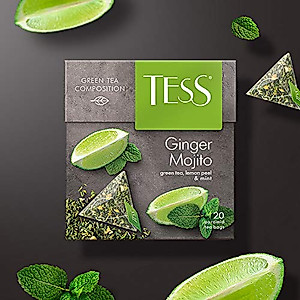 Tess Ginger Mojito Green Tea Composition Lemon Peel and Mint Leaf Tea in 20 Pyramid Sachets