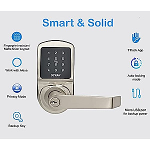 Smart Door Lock, Keyless Door Lock, SCYAN X2 Handle Lock with Touchscreen Keypad Access, Auto Locking, for Home, Office, Airbnb, Rental House (Satin Nickel)
