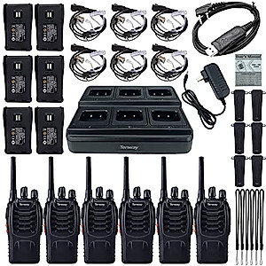 6Pack TW-888S Two Way Radio for Adult Long Range Rechargeable Handheld Walkie Talkie with Air Earpiece and Programming Cable and 6 Way Multi Unit Charger