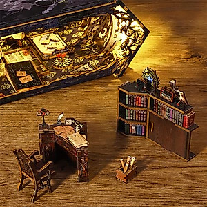 DIY Book Nook Kit, FOTEEMO DIY Miniature Dollhouse Detective Book Nook Building with LED Light Creative Bookend Model Kit DIY 3D Insert Wooden Puzzles Bookshelf for Teens Adults