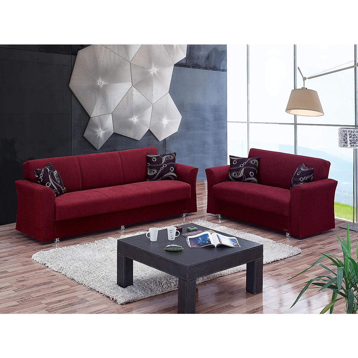 Beyan Signature Empire Furniture USA Ohio Collection Convertible Sofa Bed with Storage Space, Includes 2 Pillows, Burgundy