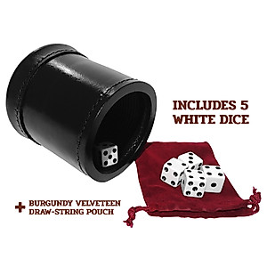 Alex Cramer Golden Gate Dice Shaker Cup Set - 5 White Dice, Drawstring Pouch & Book of Dice Games (Liar’s Dice) Included - Leather Dice Cup - Quiet Shaking.