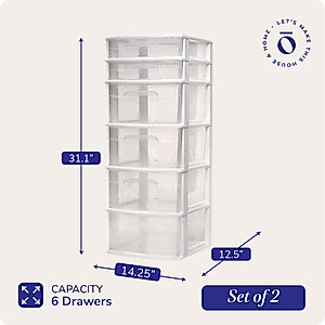 Homz Plastic 6 Clear Drawer Medium Home Organization Storage Container Tower with 4 Large Drawers and 2 Small Drawers, White Frame (2 Pack)