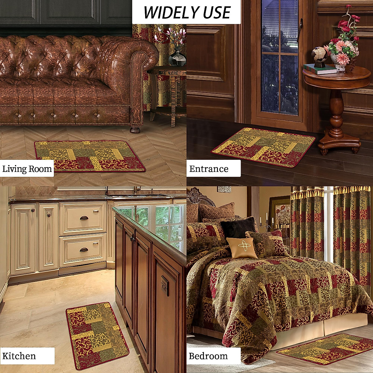 Loom and Mill Luxury Bathroom Rug Set 3 Pieces, Thick Chenille Memory Foam Bath Rugs Non Slip Absorbent Washable Bath Mats Set with U Shaped Toilet Mat for Bathroom, Toilet, Bedroom, Kitchen(Red&Gold)