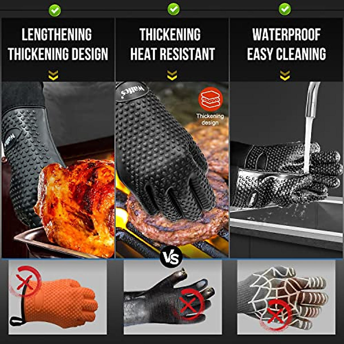 Walfos Grilling Gloves - Heat Resistant Silicone Oven Mitt, Premium Non-Slip Silicone Internal Protective Cotton Layer, Waterproof, Great for Grilling, Kitchen and Cooking (Black)…