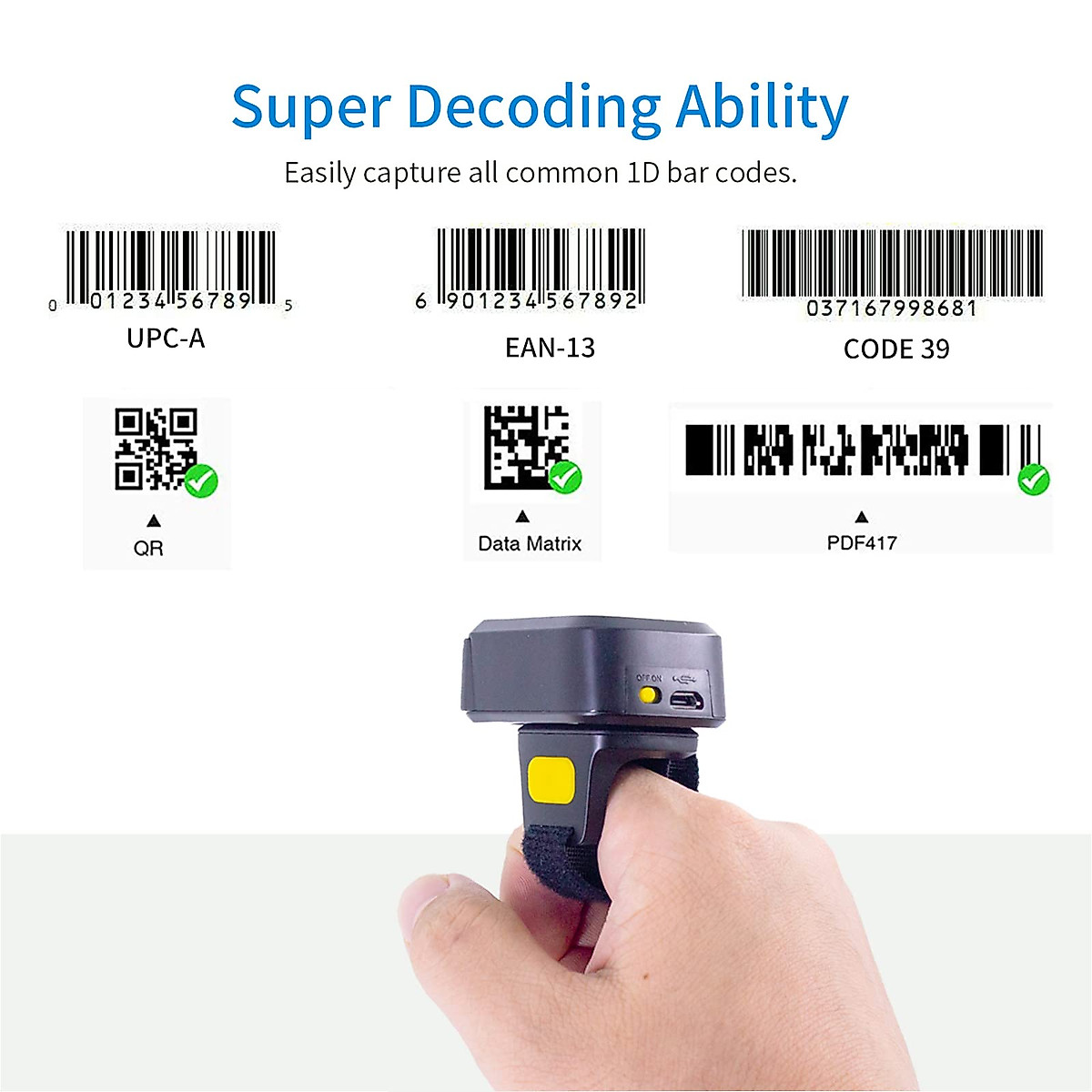 Alacrity 2D Wireless Ring Barcode Scanner,Portable Bluetooth Wearable Finger 1D 2D Mini Bar Code Reader Scanner Suppot Screen Scanning with Bluetooth & 2.4GHz Wireless & Wired Connection Scanner