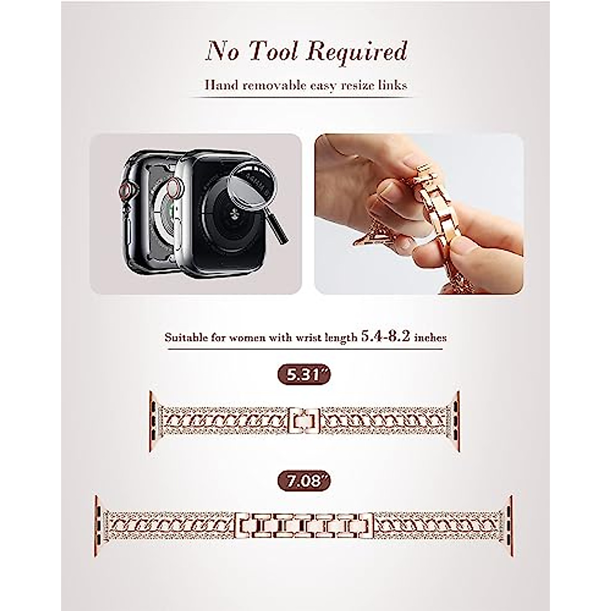 Bling Chain Bracelet Compatible with Apple Watch Band 41mm 40 mm 38mm Series 8 7 6 5 4 3 2 1 SE Women, beu1st Replacement iWatch Band Diamond Rhinestone Stainless Steel Metal Wristband Strap Rose Gold