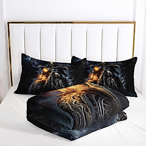 AILONEN Boys Skull Full Size Comforter Set, Motor Rider Skeleton Bone Bedding Set Howling Wolf Comforter Set,3 Pieces Galaxy Starry Skull Soft Comforter Set, 1 Quilt and 2 Pillowcases