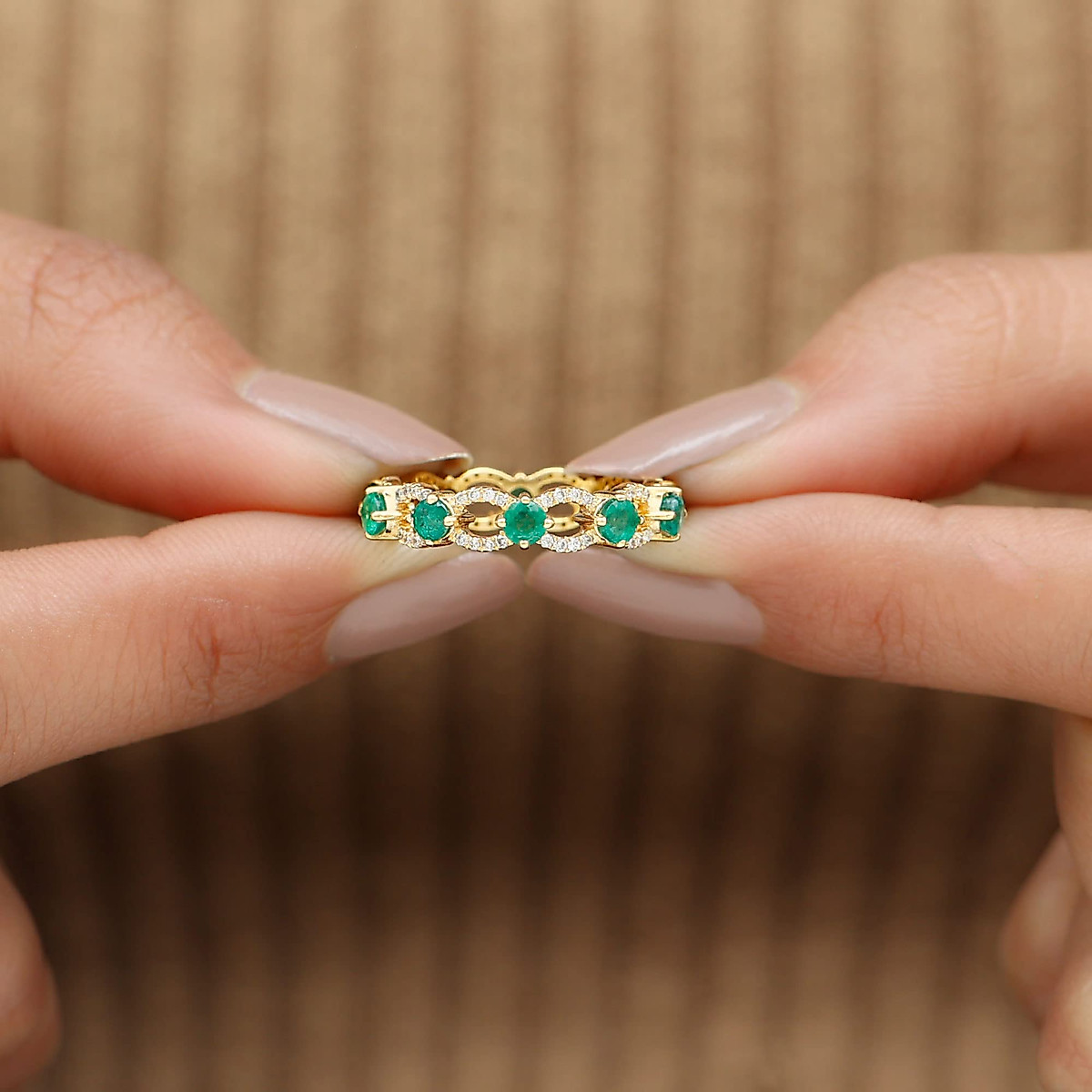 Rosec Jewels 1.5 ct Created Emerald and Diamond Bridal Eternity Ring in Gold for Women, Aaaa Quality, 14K Yellow Gold, Size:US 6.00