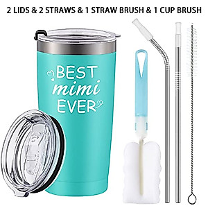 Qtencas Mimi Gifts, Best Mimi Ever Travel Tumbler, Christmas Birthday Gifts for Women Mimi Grandma Grandmother New Nana Mothers Day, Insulated Stainless Steel Stemless Tumbler with Lids(20 Oz, Mint)