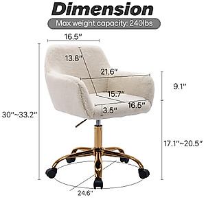 KCC Faux Fur Office Desk Chair, Comfy Swivel Armchair with Wheels, Upholstered Fuzzy Vanity Chair, Adjustable Height, White