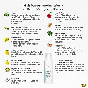 GUNILLA Glycolic Cleanser Exfoliating, Moisturizing Daily Face Wash for Anti-Aging. Aloe Vera Based with 16 Botanicals for All-Skin Types 4 oz.