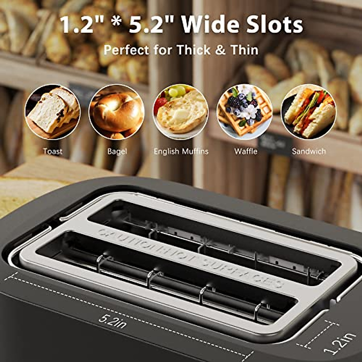 Anfilank Toaster 2 Slice, Wide Slots with Warming Rack, Cancel, Bagel, Defrost Function, 6-Shade Settings, Removable Crumb Tray and High Lift Lever Classic Bread Toaster, 900W BPA free(Black)