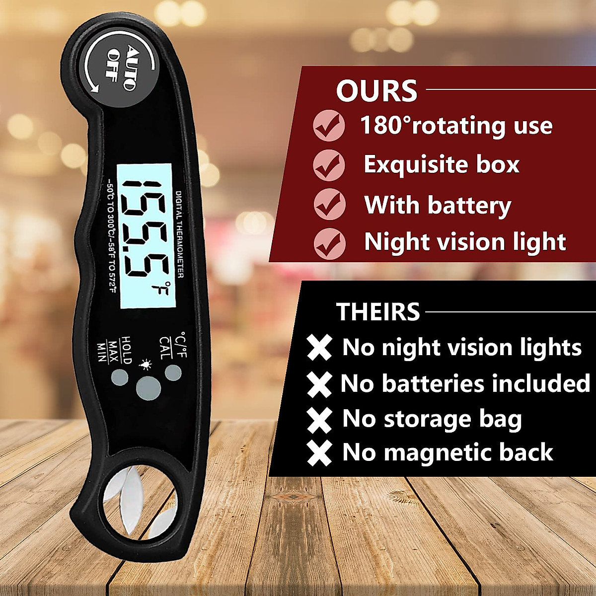 Geobom Waterproof Digital Instant Read Meat Food Thermometer with Folding Probe Backlight Calibration Function for Cooking and Grilling (Black)