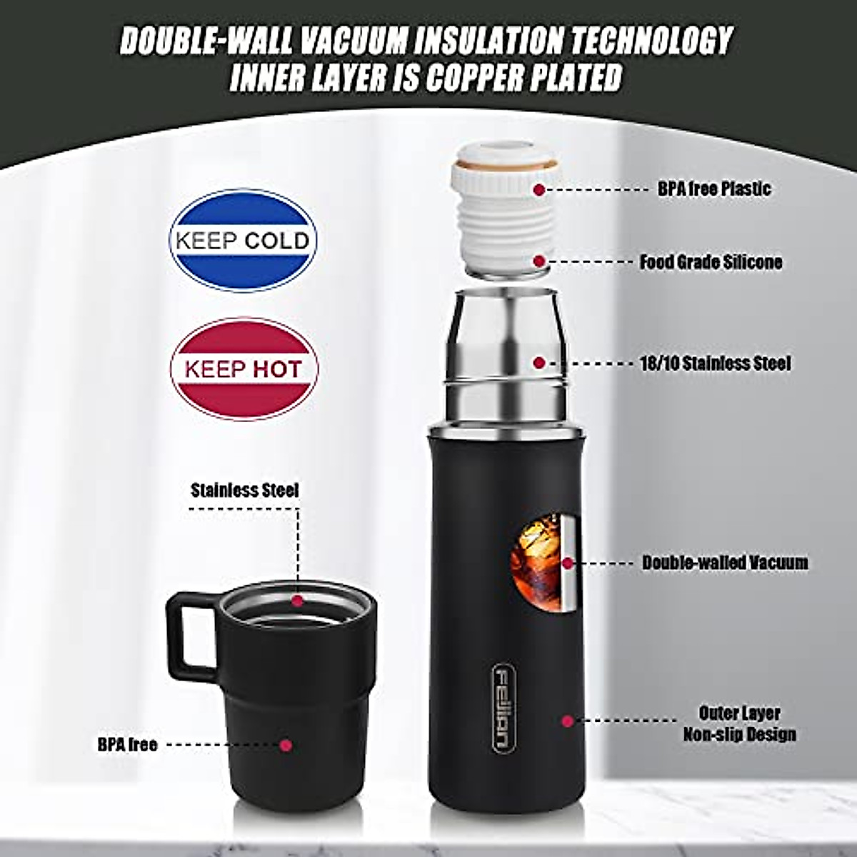 FEIJIAN Coffee Thermos with Cup,21 OZ Stainless Steel Water Bottle, Vacuum Insulated Water Bottle, Thermos for Hot Drinks/Cold Drinks, Leakproof Build-in Lid Cup Integrated Handle, Black