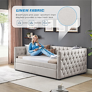 Antetek Daybed with Trundle, Modern Upholstered Full Size Button-Tufted Sofa Bed Frame with A Roll-Out Trundle, No Box Spring Needed, Furniture for Bedroom Living Room Guest Room (Beige, Full)