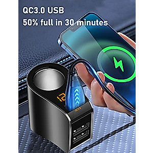 LIHAN Car Charger Extension Cigarette Lighter Adapter,Socket Splitter 3 USB Ports and Voltage Meter,fit for 12V/24V Automobile Outlet,Compatible with iPhone 14,13,12,iPad,Samsung(BlackQC3.0)