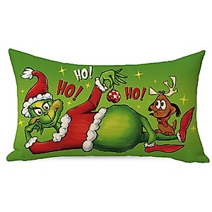 Ussap Christmas Lumbar Decorative Throw Pillow Cover 12 x 20, Green Xmas Max Dog Hohoho Rectangle Cushion Case Decor, Funny Holiday Home Decoration for Sofa Couch