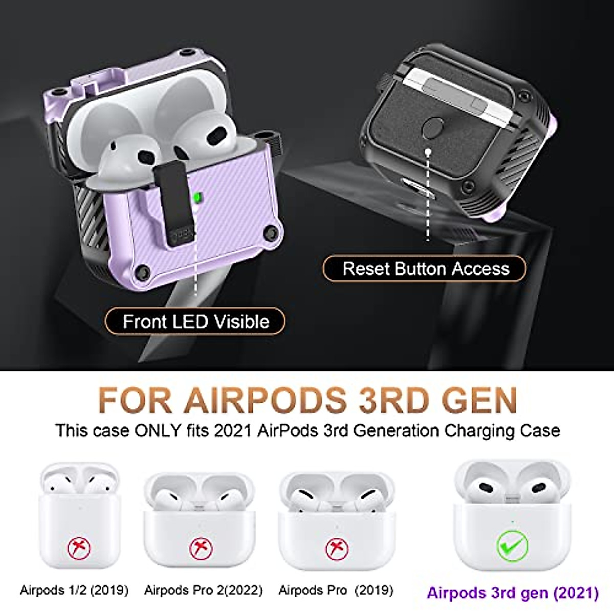 [5 in 1] Case for Airpods 3rd Gen with Lock, Carbon Fiber Secure Lock Clip PC+TPU Shockproof Protective Air Pods 3 Case Cover for Women for Airpods 3rd Generation with Fashion Candy Keychain (Purple)