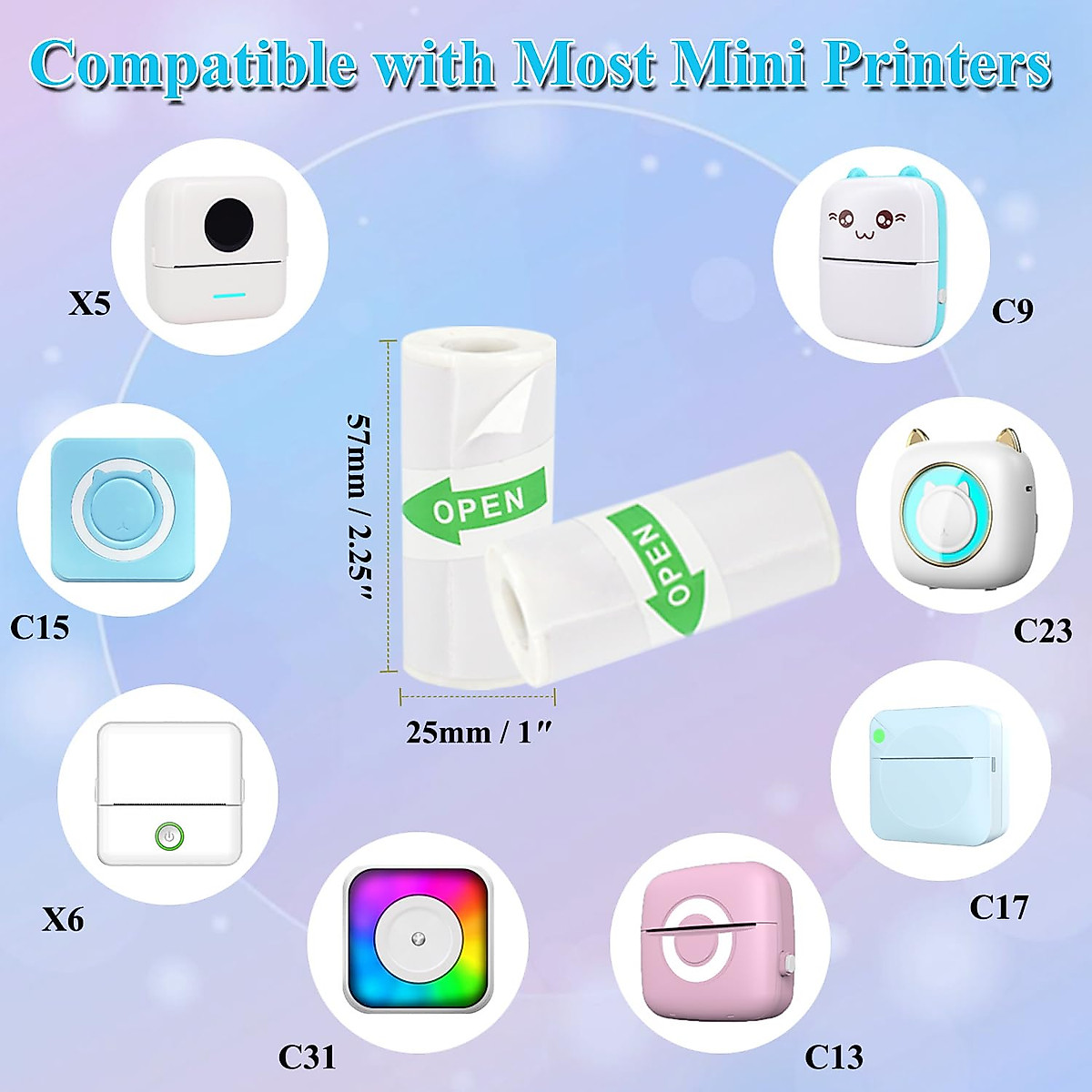 Vicbear 15 Rolls Mini Printer Sticker Paper, Thermal Sticker Paper for Mini Printer Sticker Maker, Self-Adhesive Mini Sticker Printer Paper, 57 x 25 mm, Compatible with Most Mini Receipt Printers