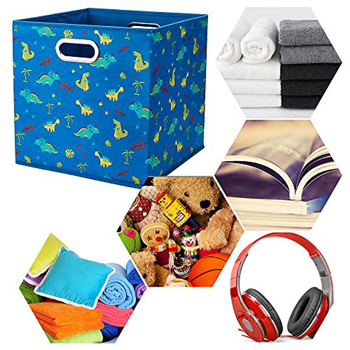 6 Cube Storage Bins Blue 10.5x10.5x11 Inch Foldable Dinosaur Coastal Print Fabric Half Storage Basketes for Home Organizers Storage Drawer,QY-SC13-6
