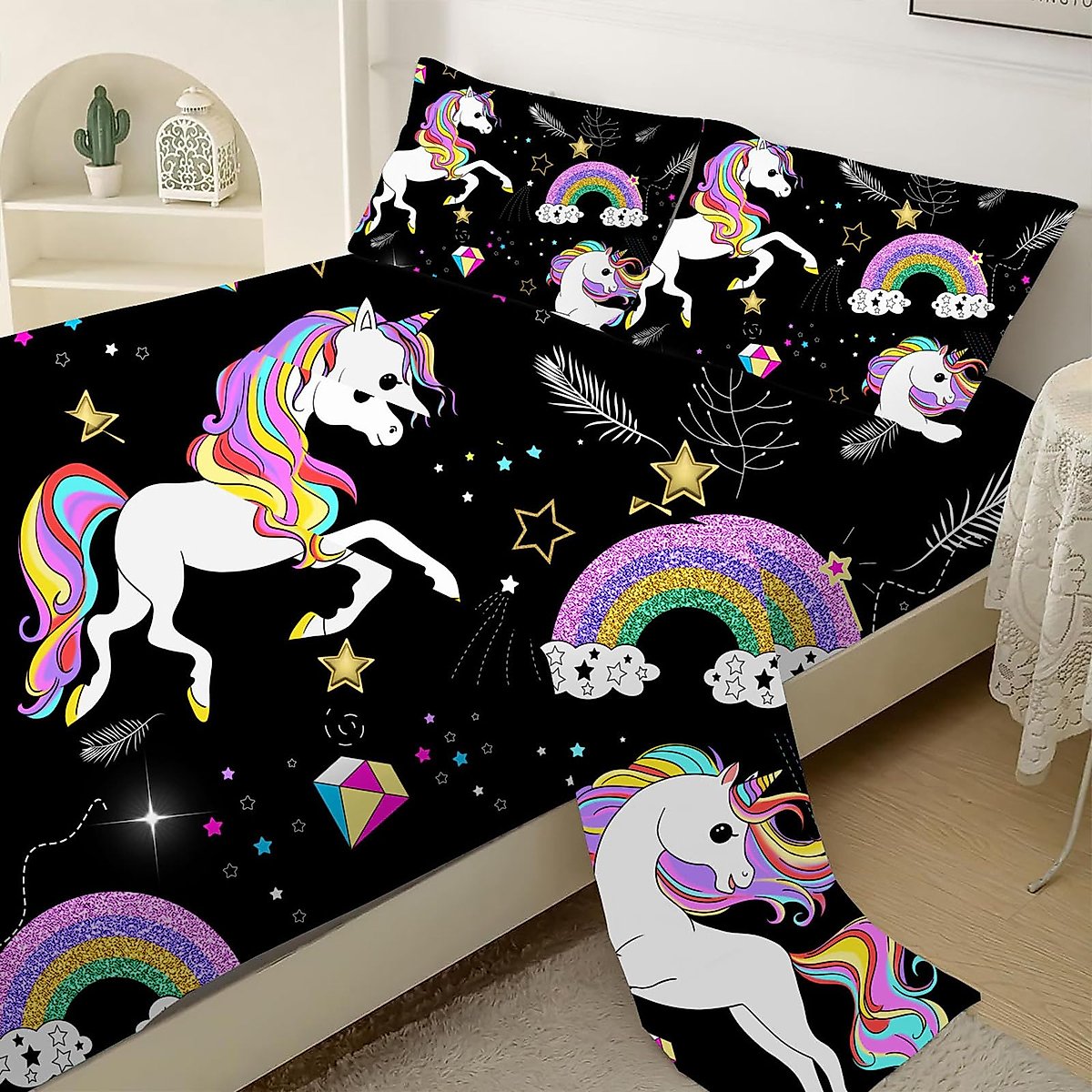 VTKON Black Unicorn Sheets Set Rainbow Unicorn Sheets Set Twin Unicorn Room Decor for Girls Twin Unicorn Bedding Set Includes 1 Flat Sheet + 1 Fitted Sheet + 1 Pillowcase