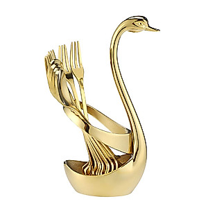AnSaw Gold Swan Base Holder With 20 Pcs 4.7"Small Leaf Handle Coffee Spoons & Dessert Forks Set(Gold,10+10)