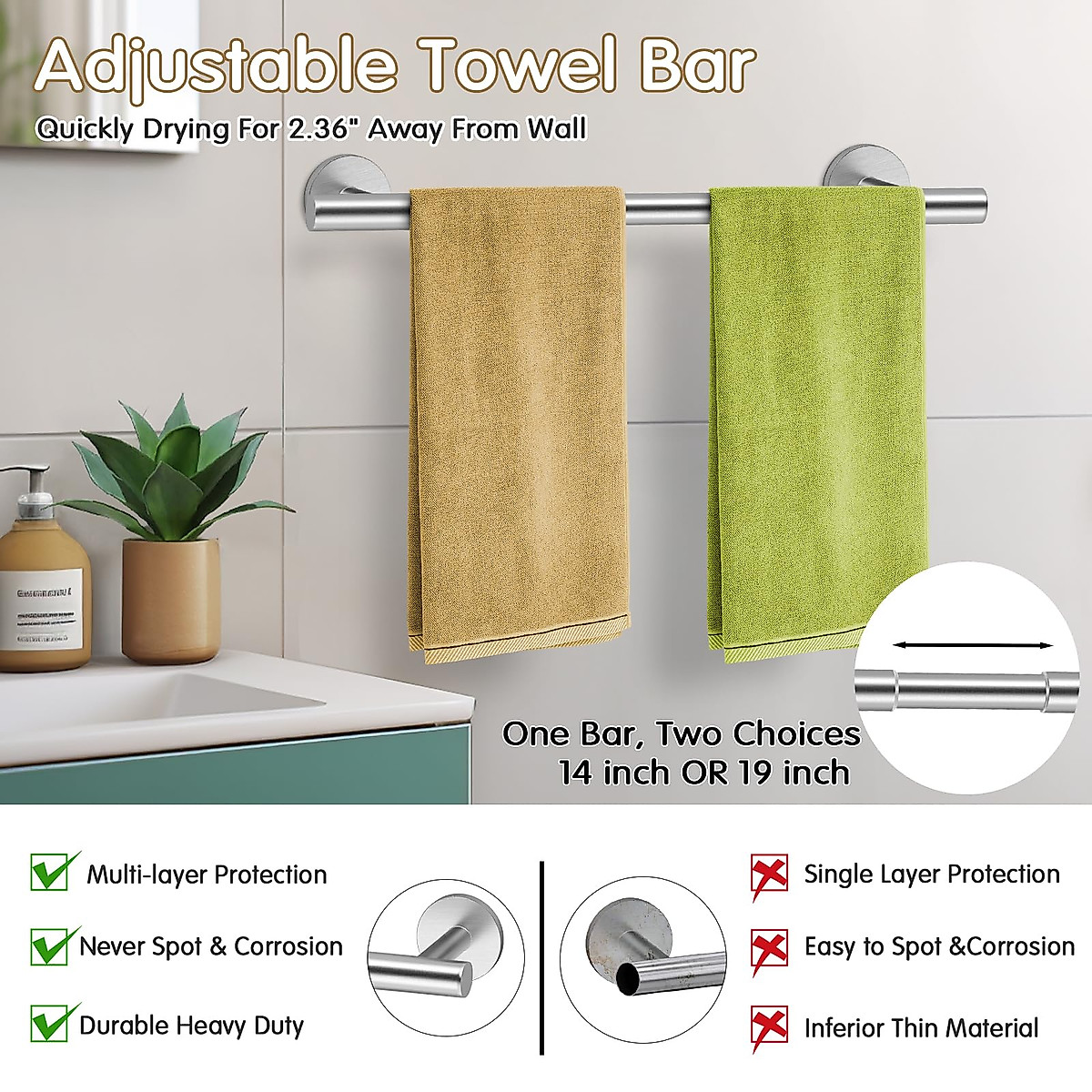 Bathroom Hardware Set, Brushed Nickel Bathroom Accessories, 6PCS Adjustable Towel Holder Set, Expandable Tower Bar, Adhesive Toilet Paper Holder, Stainless Steel Towel Rack, Towel Ring, Hooks,No Drill