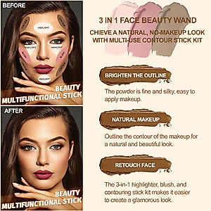 3Pcs Cream Contour Stick Makeup Kit,Shades with Highlighter Stick,Blush Stick and Bronzer Contour Stick for Sculpt the Cheeks,Long Lasting,Waterproof,Matte & Dewy Finish,LIGHT MEDIUM (#02,05,06)