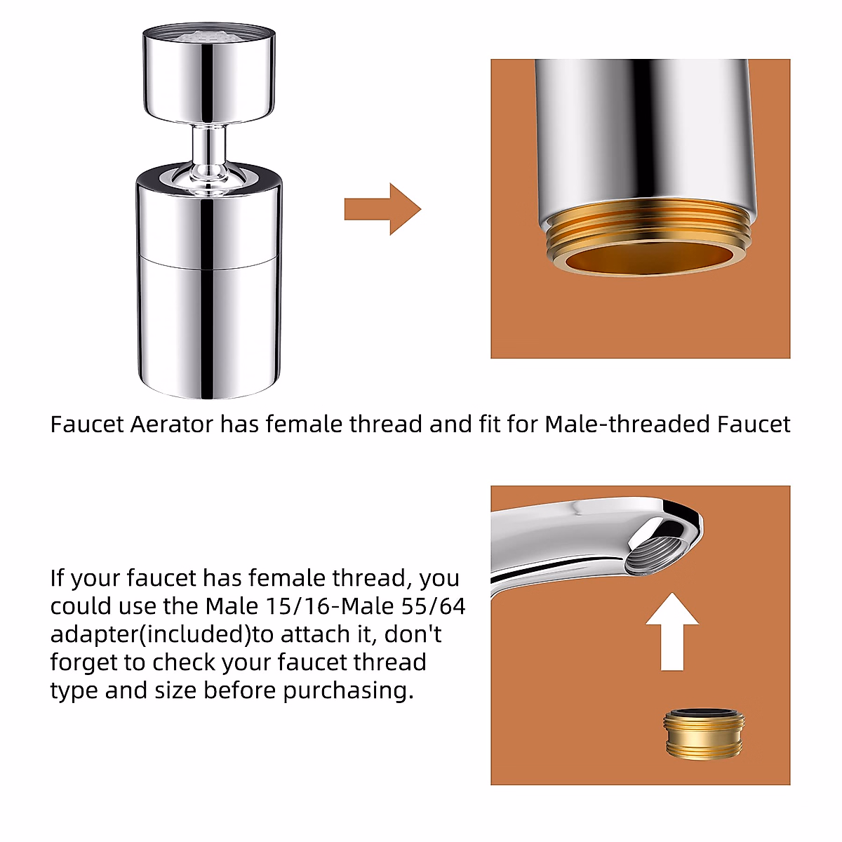 360 Degree Swivel Sink Faucet Aerator, Big Angle High Pressure Large Flow Aerator Dual Function Kitchen Faucet Aerator,55/64 Inch Female Thread Polished Chrome