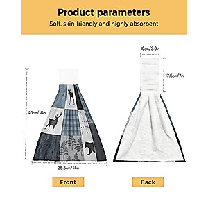 Retro Countryside Bear Moose Woods Hand Towel with Hanging Loop, Grey Blue Buffalo Plaid Hanging Tie Towels Set 2 Pcs, Kitchen Absorbent Towel for Bathroom Tea Bar Laundry