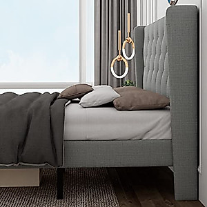 Feonase Upholstered Queen Bed Frame with Wingback, Platform Bed with Diamond Tufted Headboard, Heavy Duty Bed Frame, Wood Slat, Easy Assembly, Noise-Free, No Box Spring Needed, Light Gray