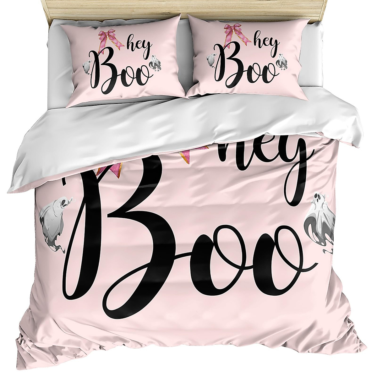 Halloween Duvet Cover Queen Size, Hey Boo Ghost Pink Bow Knot Comforter Cover with Zipper Closure, 3 Piece Bedding Sets 1 Duvet Cover 90x92 Inches and 2 Pillow Shams