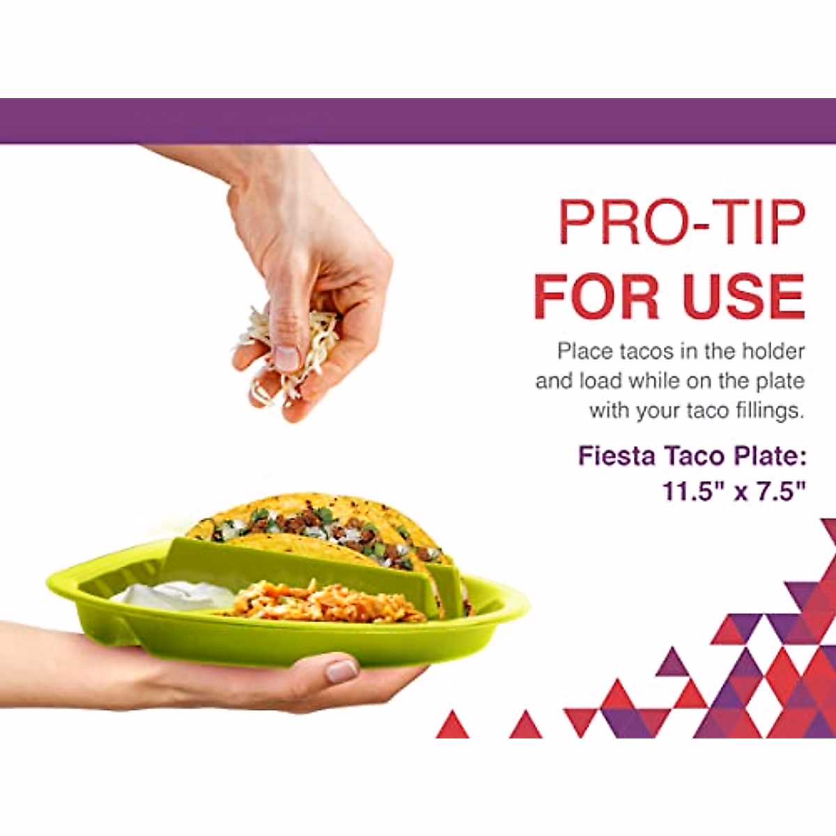 Fiesta Taco Plate by Arrow Home Products, 4 Pack - Each Plate Includes 3 Taco Holders Plus 2 Compartments - BPA Free Plastic, Made in the USA, Dishwasher Safe - Lime Green