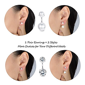 Sllaiss 2 Pairs Sterling Silver Double Ball Ear Jacket Earrings Set Cubic Zirconia Round Pearl Jewelry for Women (Silver)
