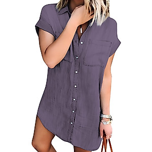 Zilcremo Women Denim Shirt Dresses Short Sleeve Distressed Jean Dress Button Down Casual Tunic Tops Purple XL
