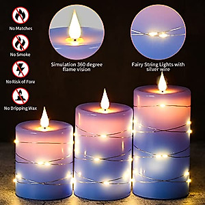 Upinmz Flameless Candle with String of Lights Battery Powered LED Candle Flashing Candle with Remote Control and Timer 3 Packs (Blue)